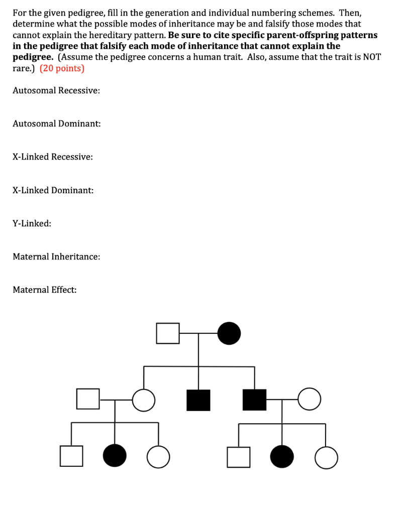 Solved For the given pedigree, fill in the generation and | Chegg.com
