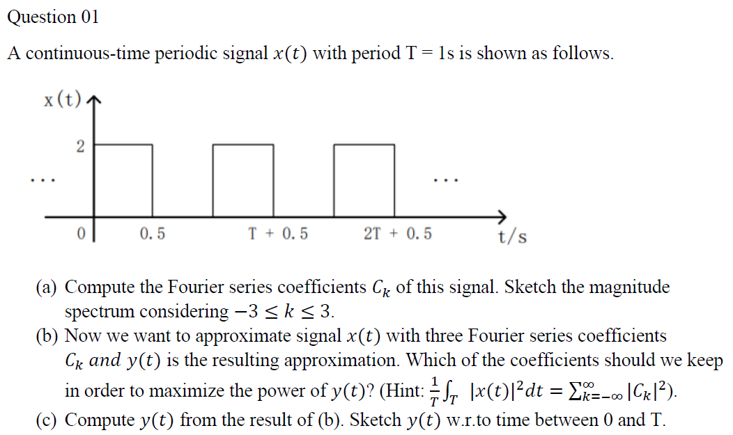 Solved Question 01 A continuous-time periodic signal x(t) | Chegg.com
