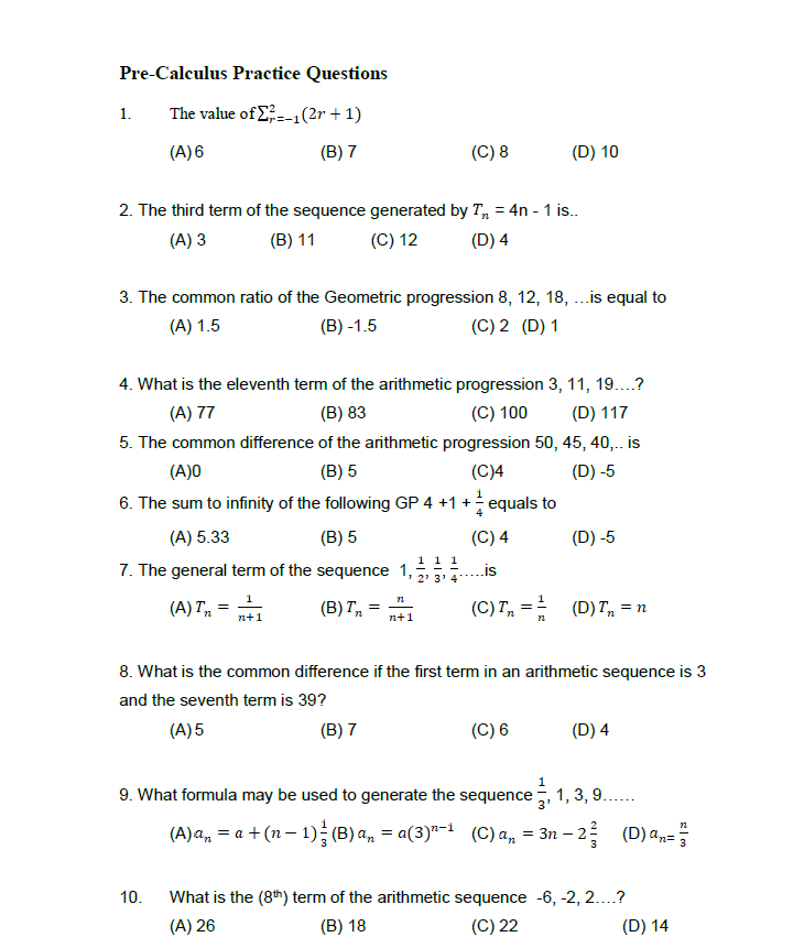 Solved Pre-Calculus Practice Questions 1. The value of | Chegg.com