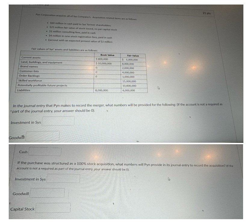 Solved Pyn Corporation acquires all of Sys Compary's. | Chegg.com