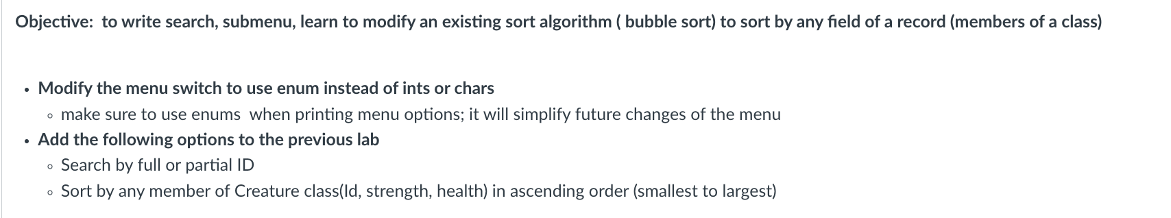 Objective: to write search, submenu, learn to modify | Chegg.com