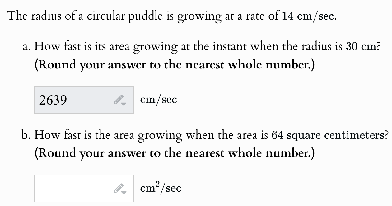 Solved The radius of a circular puddle is growing at a rate | Chegg.com