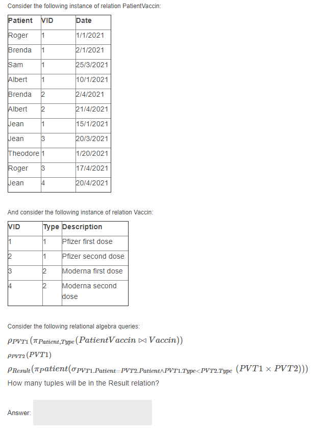 Solved Consider the following instance of relation | Chegg.com