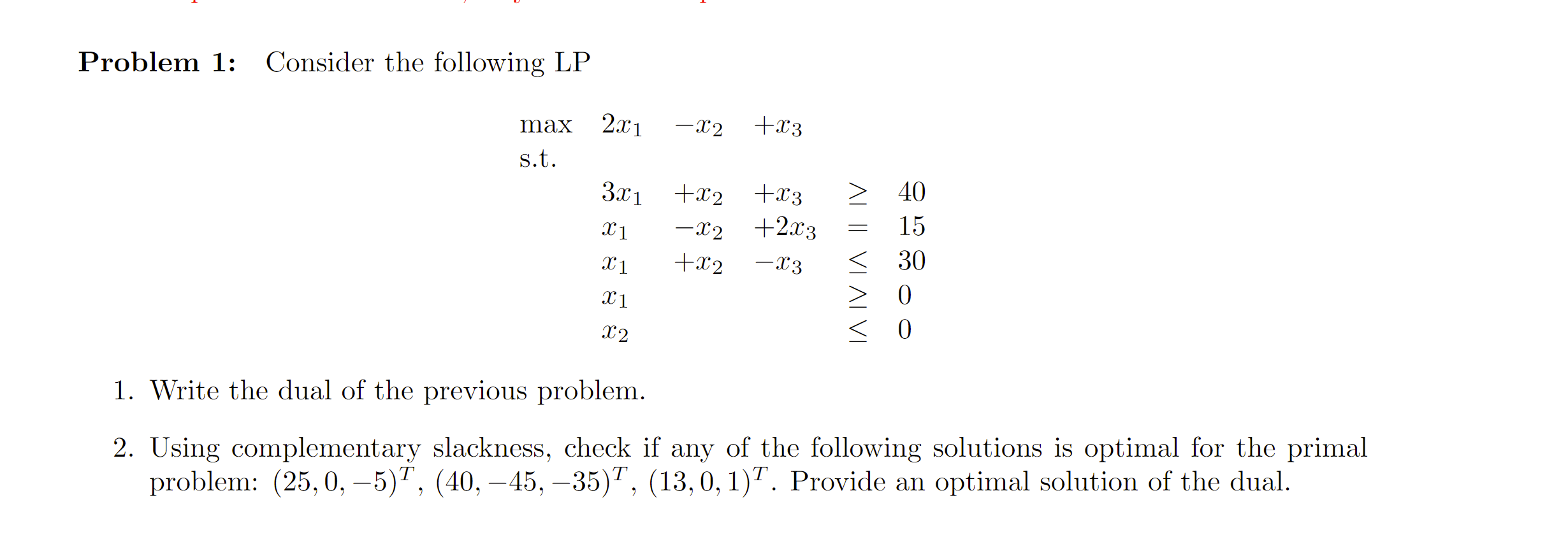 Solved Problem 1: Consider the following LP max 2.01 -X2 +23 | Chegg.com