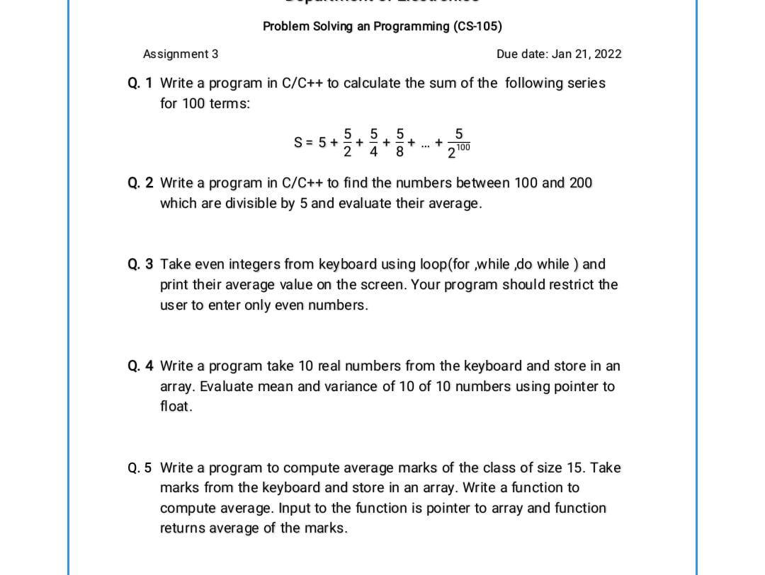 Solved Problem Solving an Programming (CS-105) Assignment 3 | Chegg.com