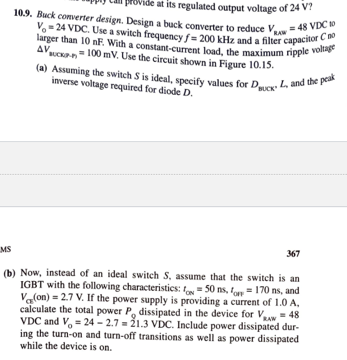 Solved 10.9. Buck converter design. Design a buck converter | Chegg.com