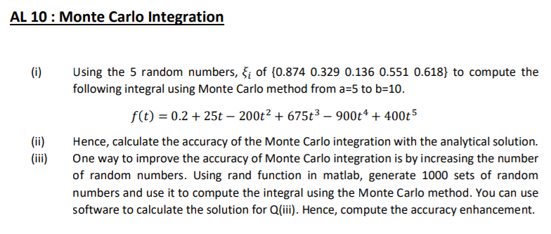 Solved AL 10 : Monte Carlo Integration (0) Using the 5 | Chegg.com