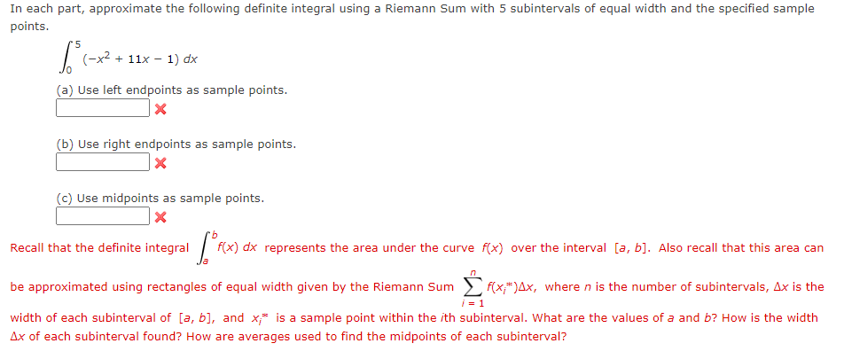 Solved In each part, approximate the following definite | Chegg.com