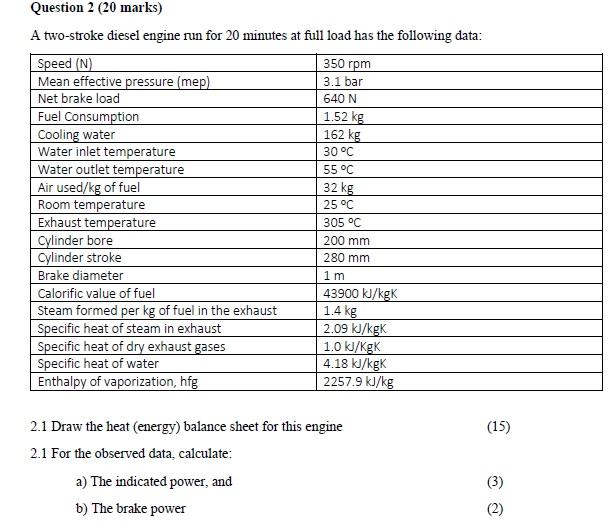 Solved Question 2 (20 marks) A two-stroke diesel engine run | Chegg.com