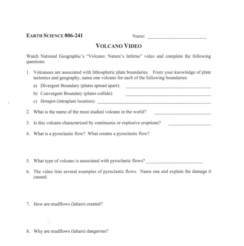 Solved EARTH SCIENCE 806-241 Name: VOLCANO VIDEO Watch | Chegg.com