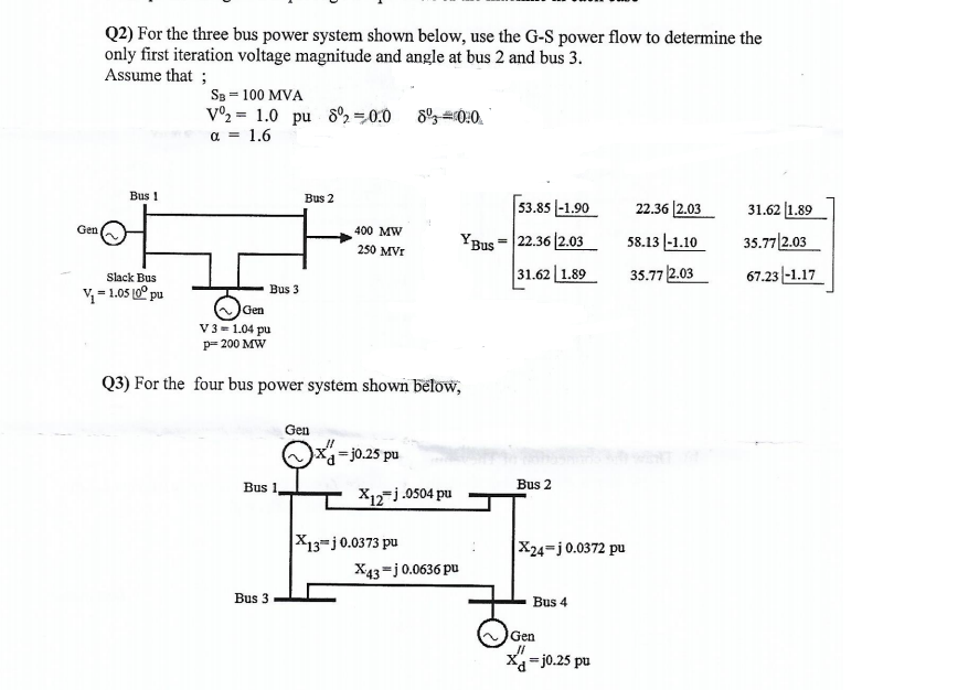 Solved Q2) For the three bus power system shown below, use | Chegg.com