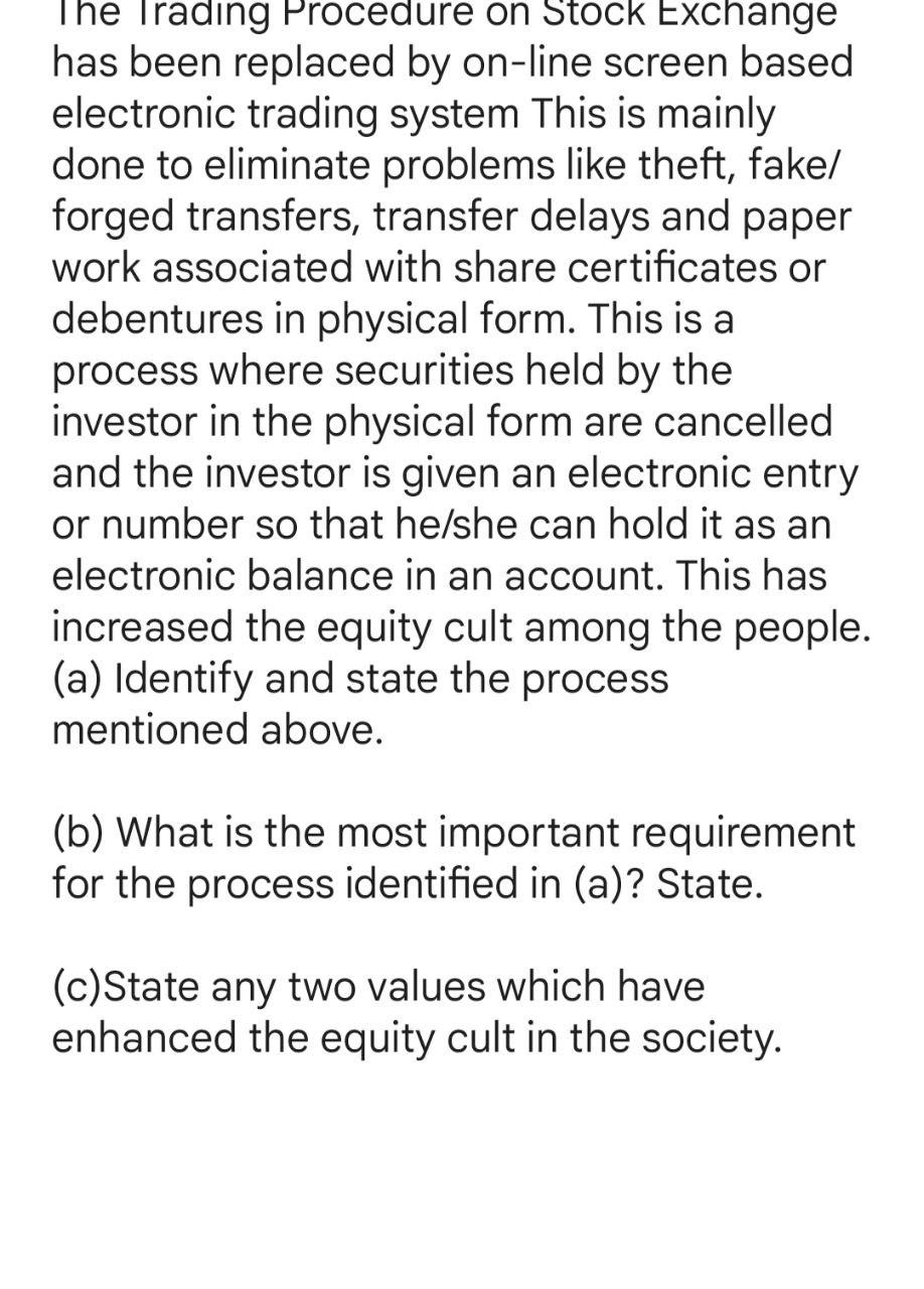 Solved The Trading Procedure on Stock Exchange has been | Chegg.com
