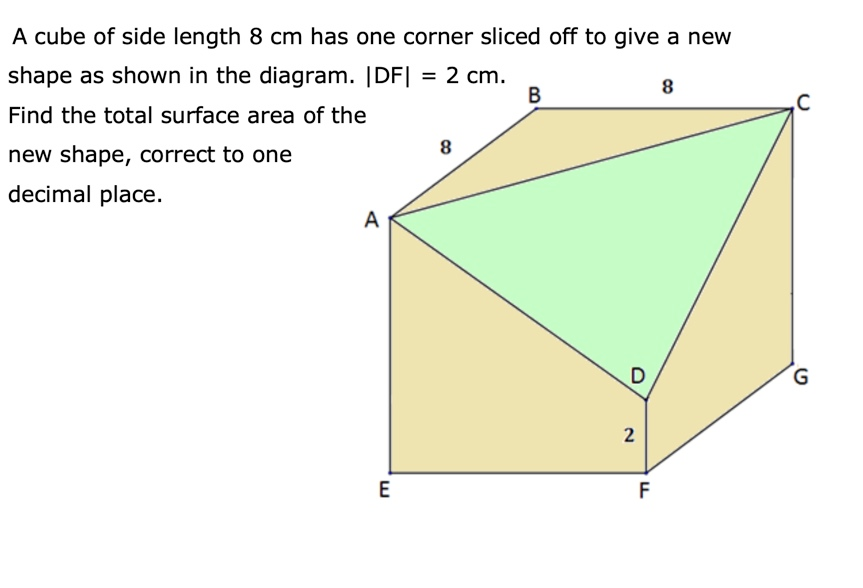 Solved С A cube of side length 8 cm has one corner sliced | Chegg.com