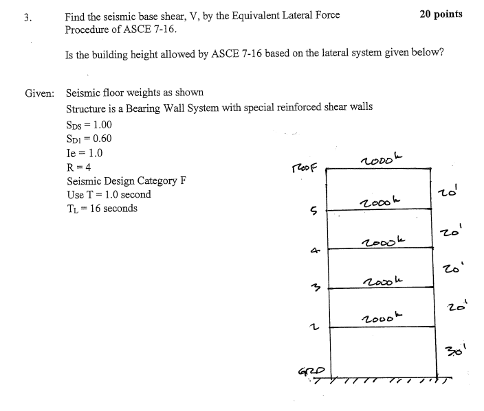 3. 20 points Find the seismic base shear, V, by the | Chegg.com