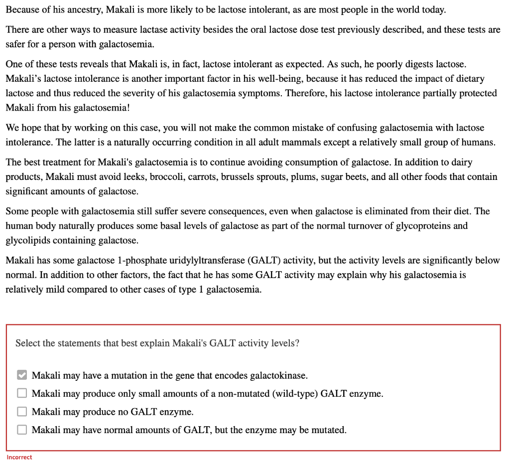 Solved Makali has very little GALT activity, which supports | Chegg.com