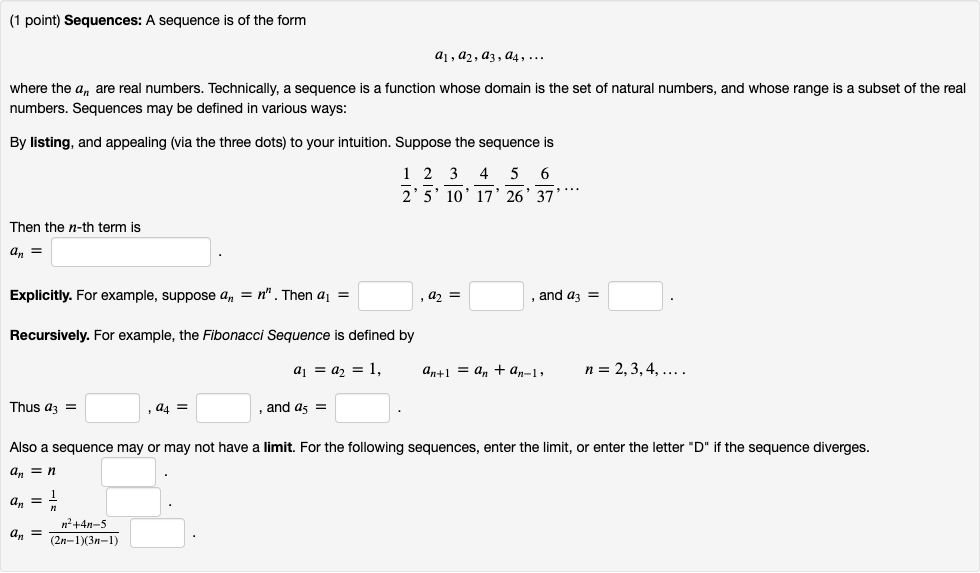 Solved (1 point) Sequences: A sequence is of the form | Chegg.com