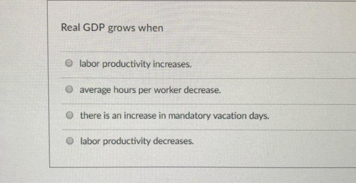Solved Real GDP grows when O labor productivity increases. O | Chegg.com