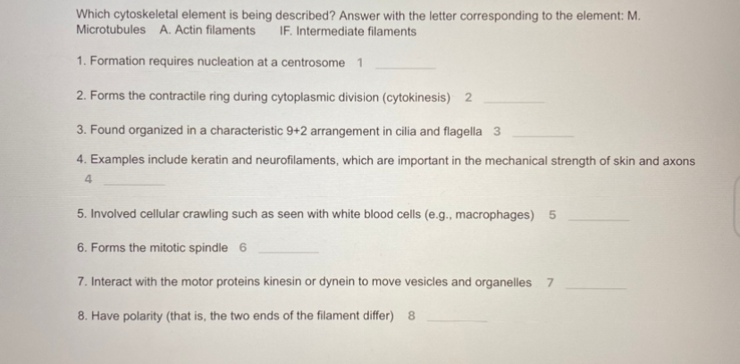 Solved Which cytoskeletal element is being described? Answer | Chegg.com