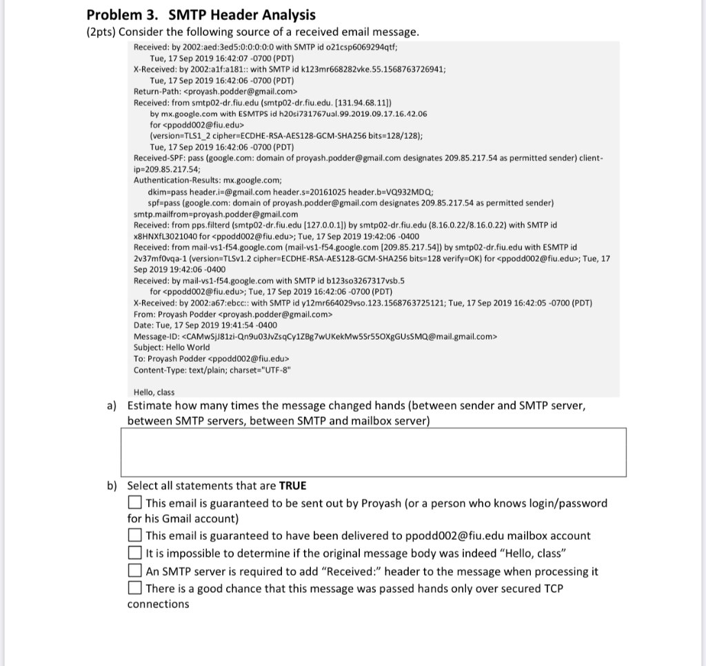 Solved Problem 3. SMTP Header Analysis (2pts) Consider the | Chegg.com