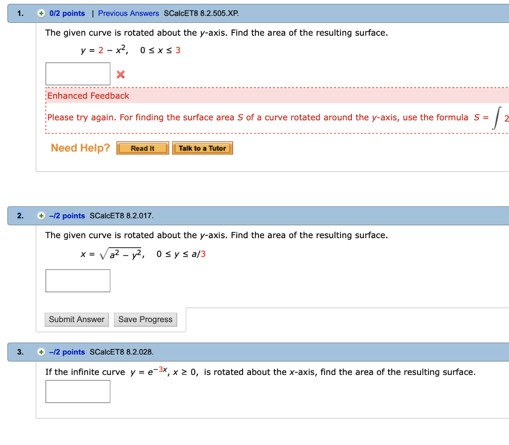 Solved 1. 0/2 points | Previous Answers SCalcET8 8.2.505.XP | Chegg.com
