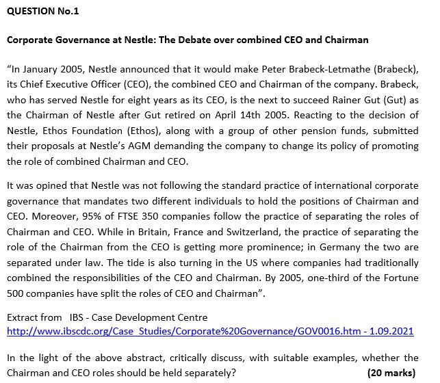 QUESTION No.1 Corporate Governance at Nestle: The | Chegg.com
