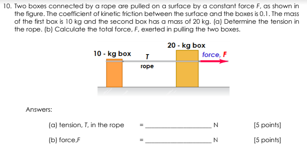 Solved 10. Two boxes connected by a rope are pulled on a | Chegg.com