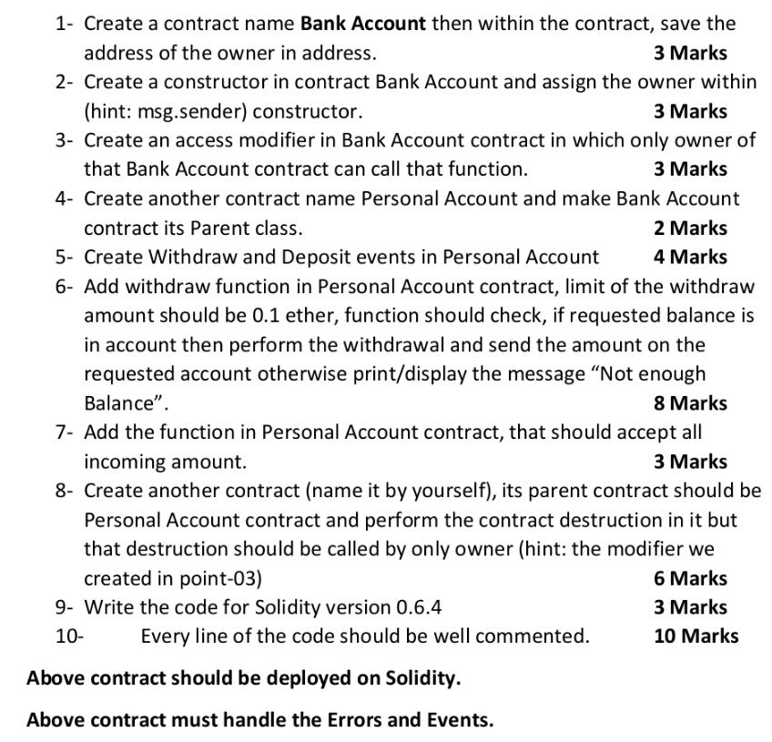 Solved 1- Create a contract name Bank Account then within | Chegg.com