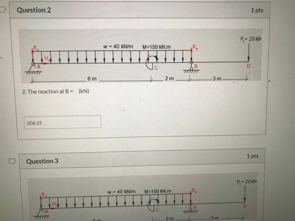 Solved Question 1 1 pts P.- 20 KN w = 40 kN/m M=150 kN.m Vc | Chegg.com