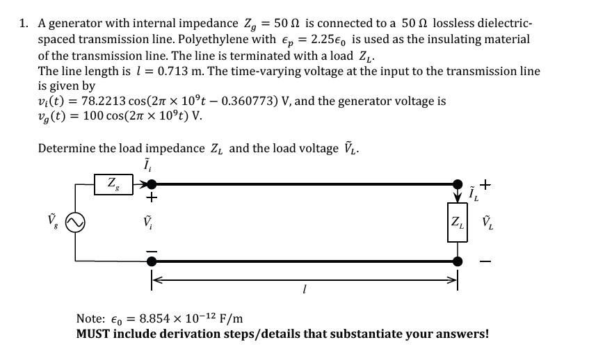 [Solved]: A generator with internal impedance Zg=50 is con