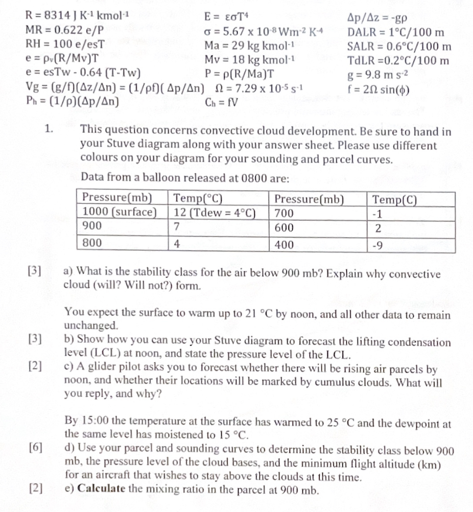 Solved 1. This question concerns convective cloud | Chegg.com