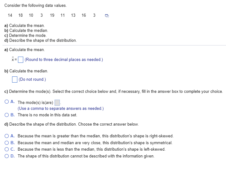 Solved Consider the following data values. 14 18 10 3 19 11 | Chegg.com