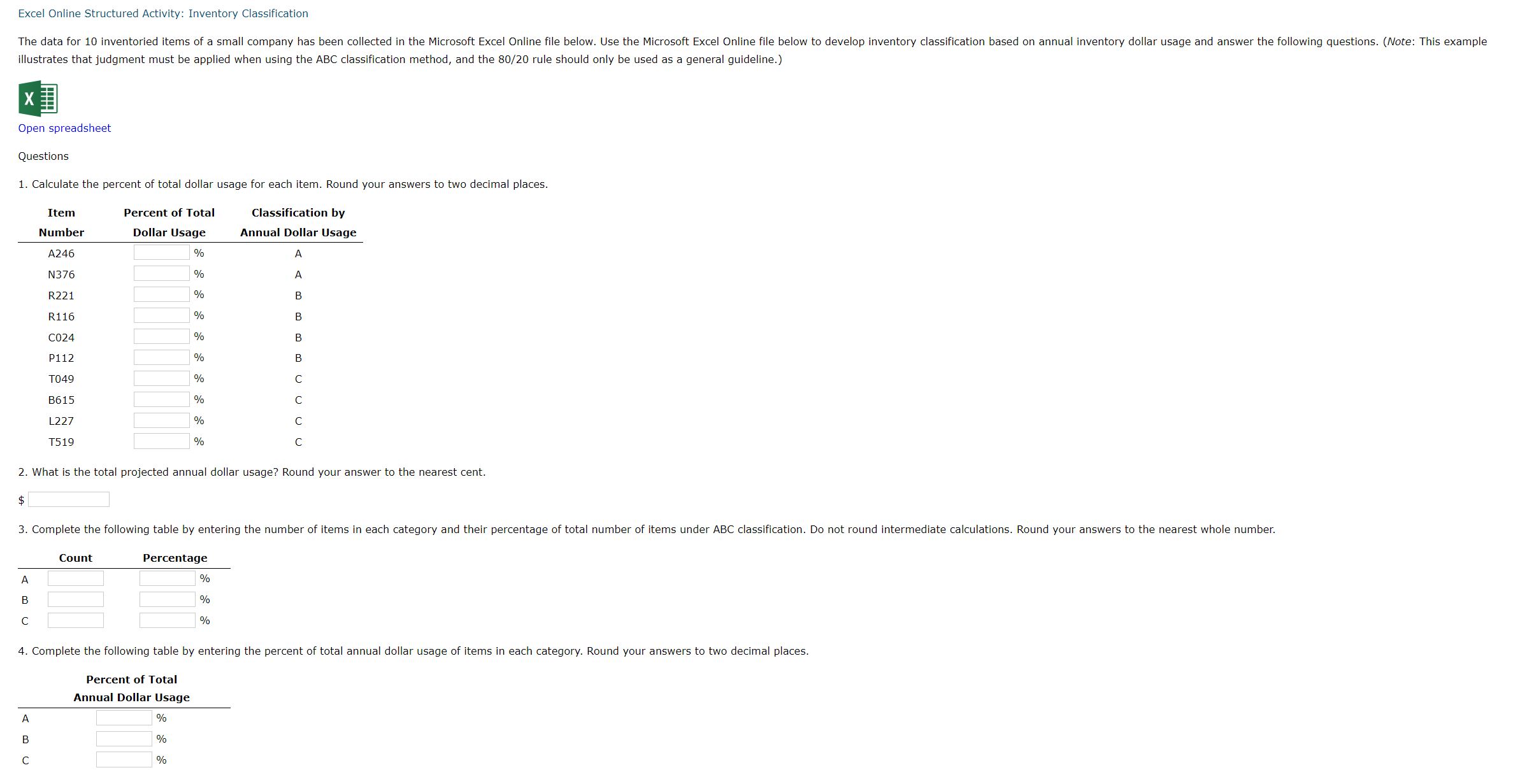 Solved Excel Online Structured Activity: Inventory | Chegg.com