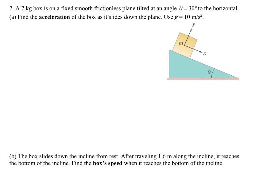 Solved 7. A 7 kg box is on a fixed smooth frictionless plane | Chegg.com