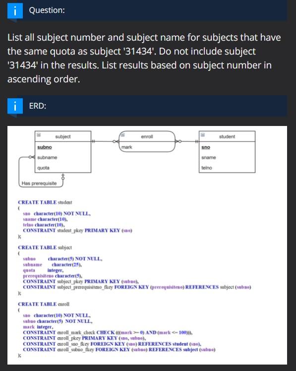 Solved i Question: List all subject number and subject name | Chegg.com