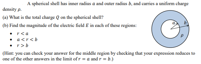 Solved A spherical shell has inner radius a and outer radius | Chegg.com