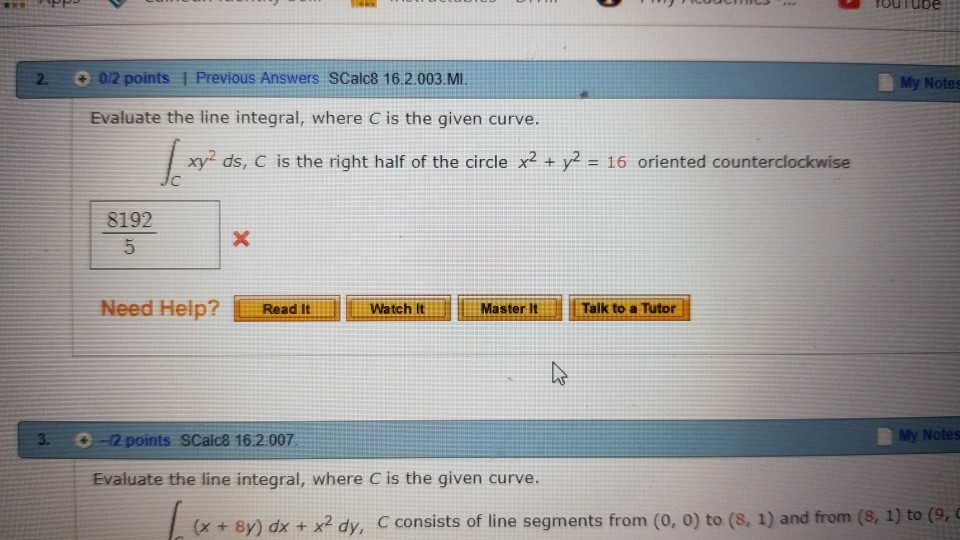Solved 2. 02 points 1 Previous Answers SCalc8 16.2.003 M My | Chegg.com