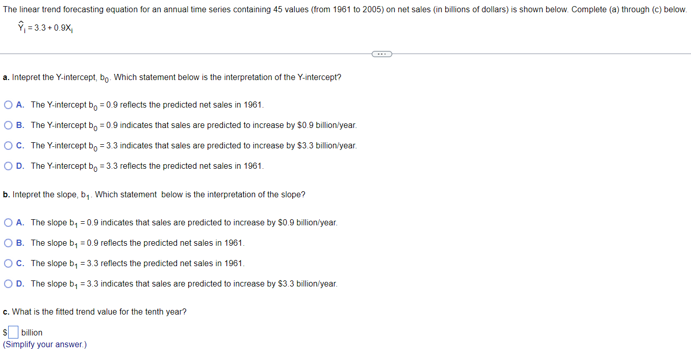 Solved The linear trend forecasting equation for an annual | Chegg.com