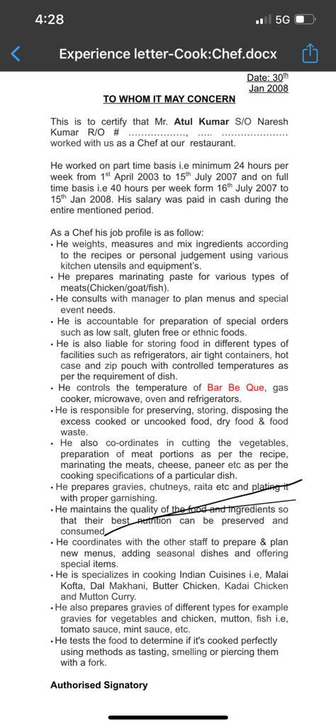 4:28 . 5G Experience letter-Cook:Chef.docx Date: 30 | Chegg.com