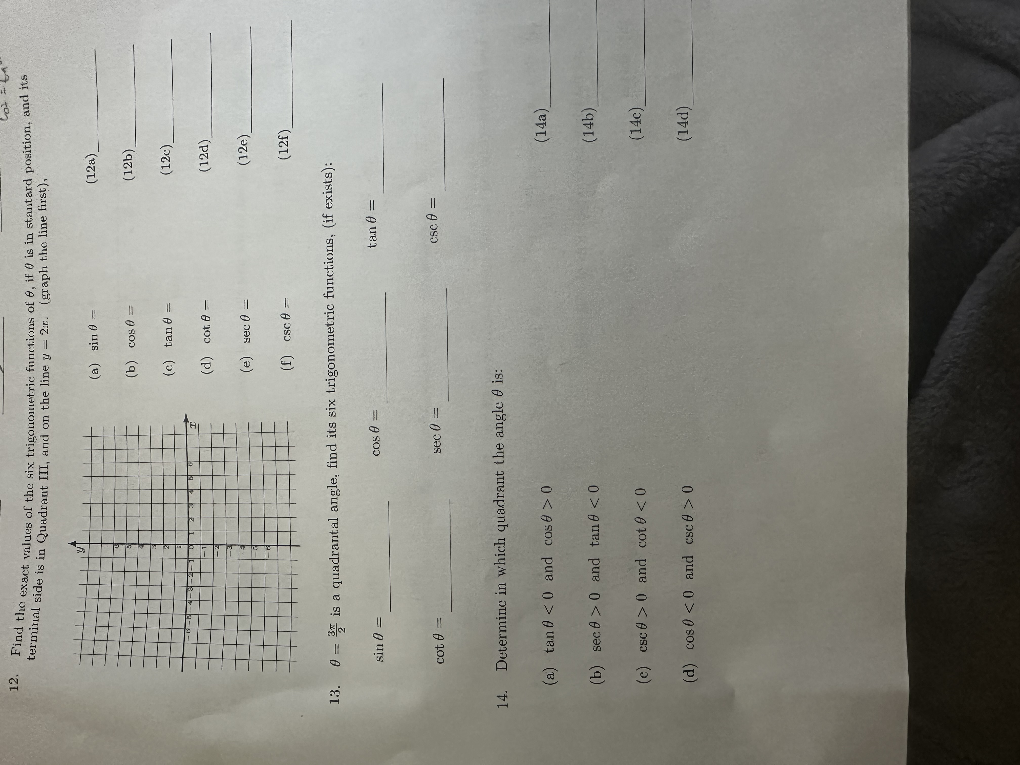 Solved 12. Find the exact values of the six trigonometric | Chegg.com