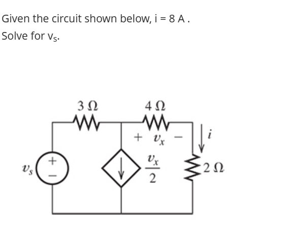 Solved Given the circuit shown below, i=8A.Solve for vs. | Chegg.com