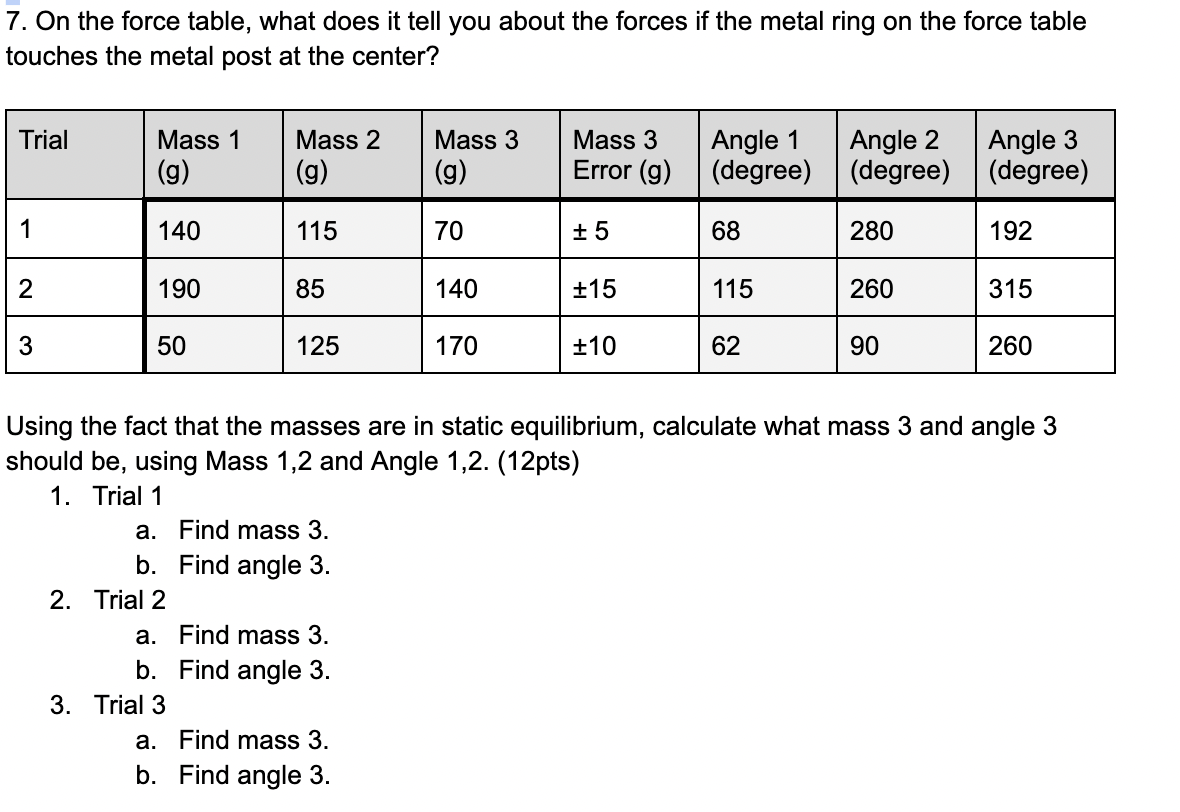 Solved use masses and angles to find mass 3 and angle 3 for | Chegg.com