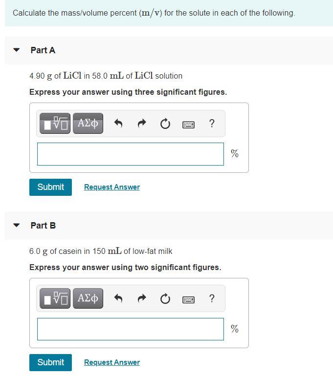 Solved Calculate the mass/volume percent (m/v) for the | Chegg.com