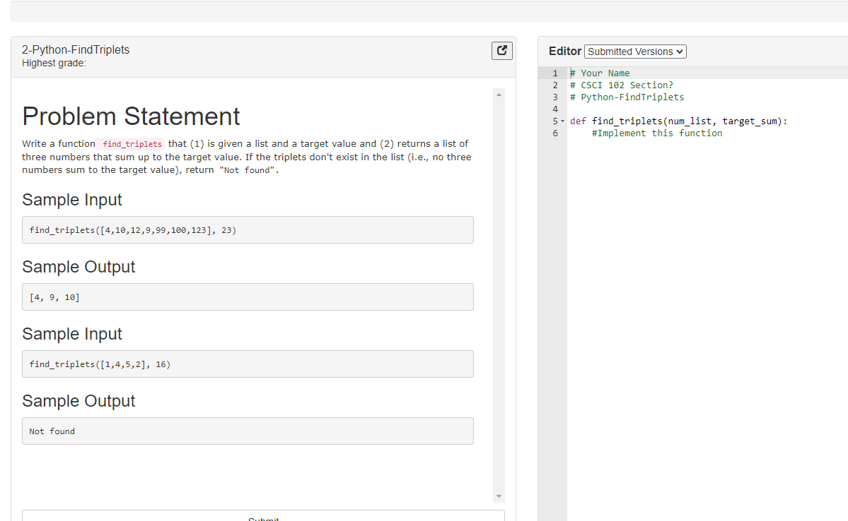 Solved 2-Python-Find Triplets Highest grade: Editor | Chegg.com