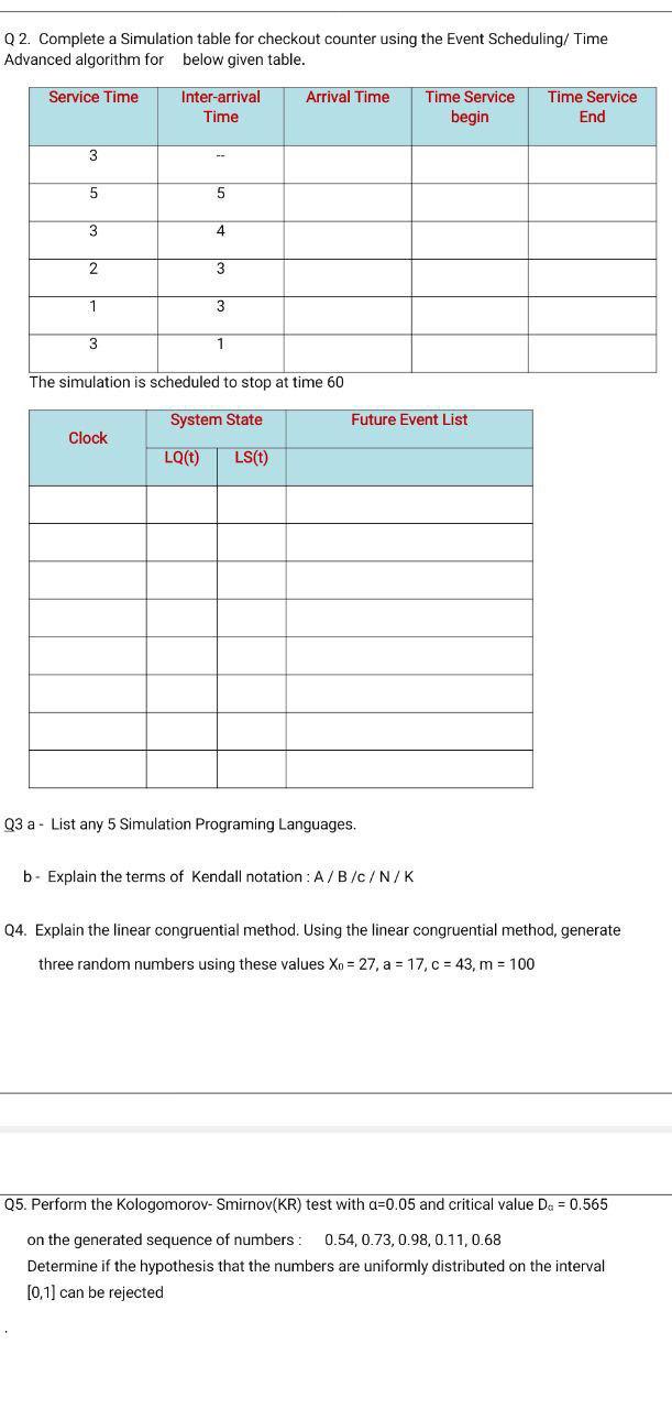 Solved Q2. Complete a Simulation table for checkout counter | Chegg.com