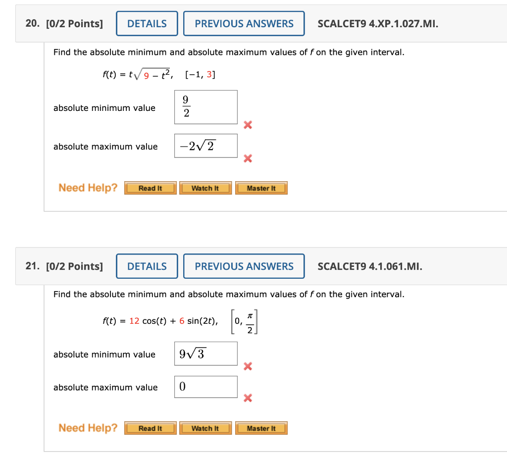 Solved 20. [0/2 Points] DETAILS PREVIOUS ANSWERS SCALCET9 | Chegg.com
