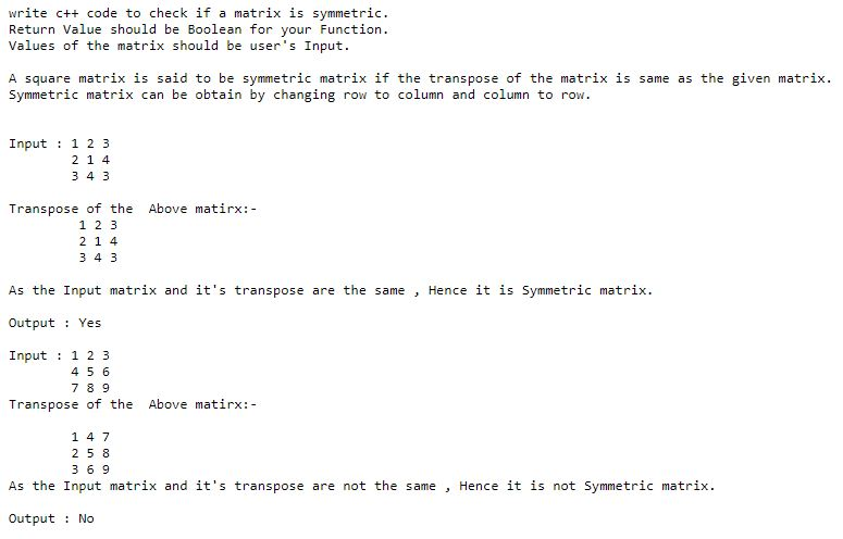 Write C Code Check Matrix Symmetric Return Value Boolean Function Values Matrix User S Inp 8945