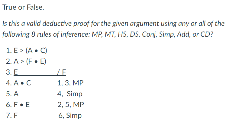 Solved True or False. Is this a valid deductive proof for | Chegg.com