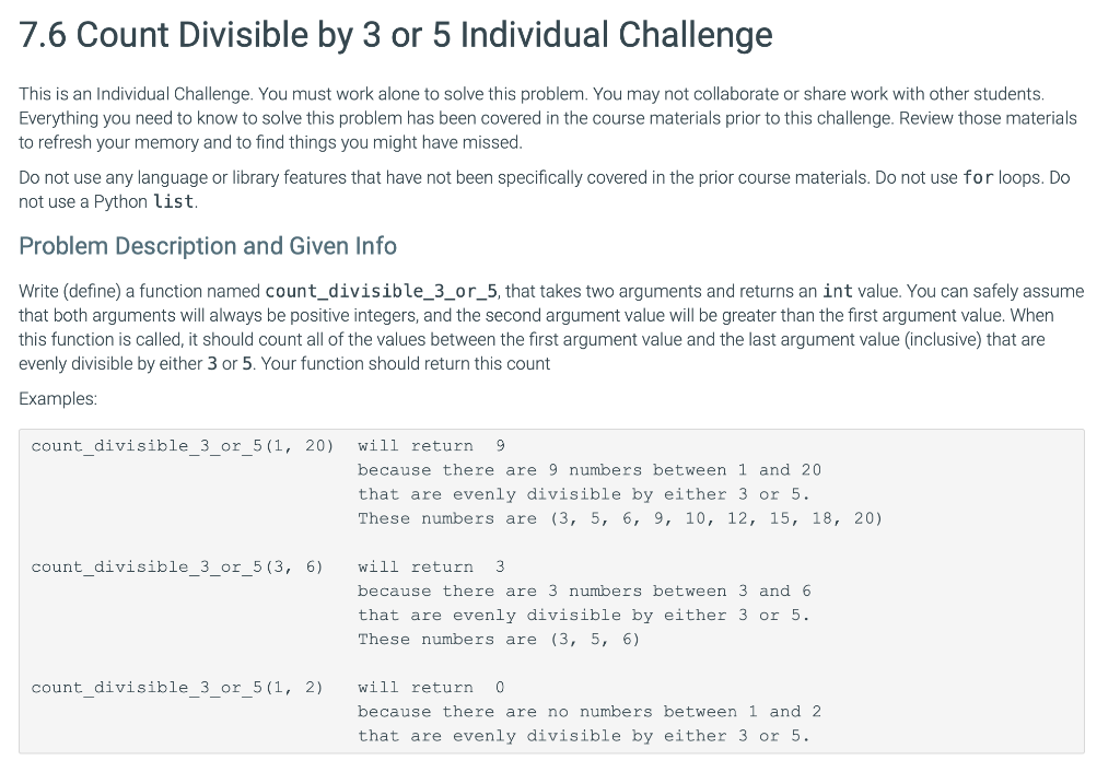 Solved 7.6 Count Divisible by 3 or 5 Individual Challenge | Chegg.com