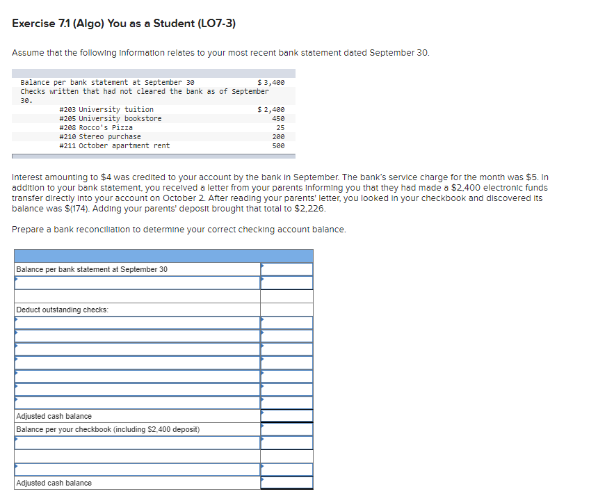 Exercise 7.1 (Algo) You as a Student (LO7-3) Assume | Chegg.com