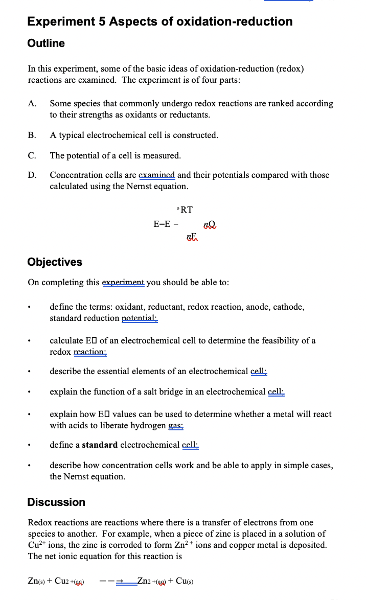 Experiment 5 Aspects of oxidation-reduction Outline | Chegg.com